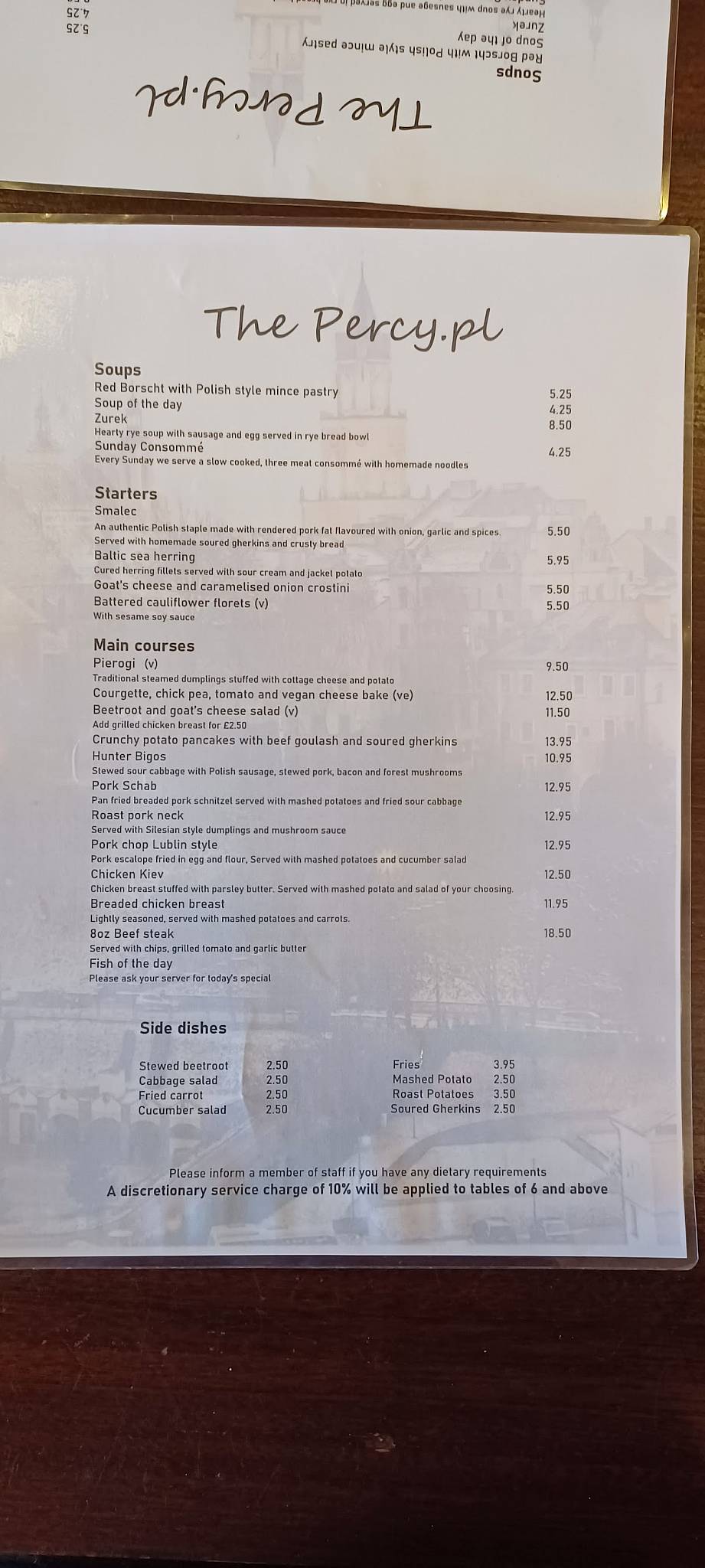 Menu at The Percy restaurant, Edinburgh
