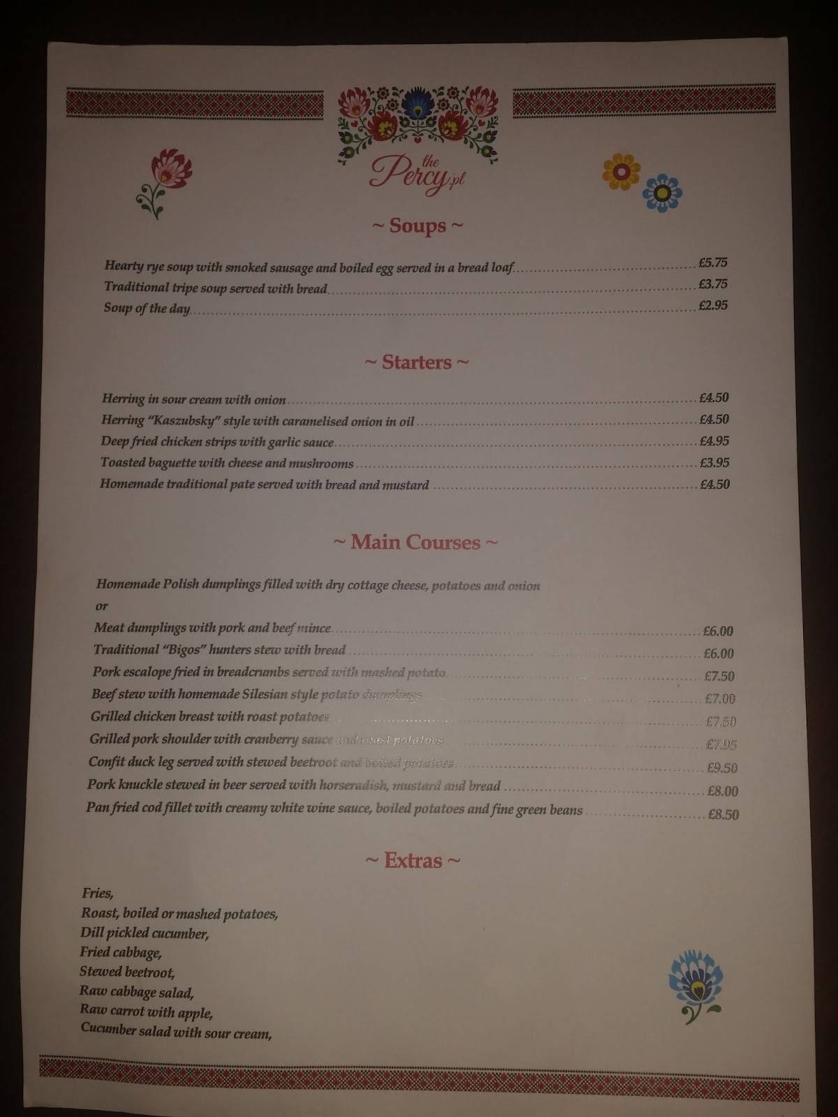 Menu at The Percy restaurant, Edinburgh
