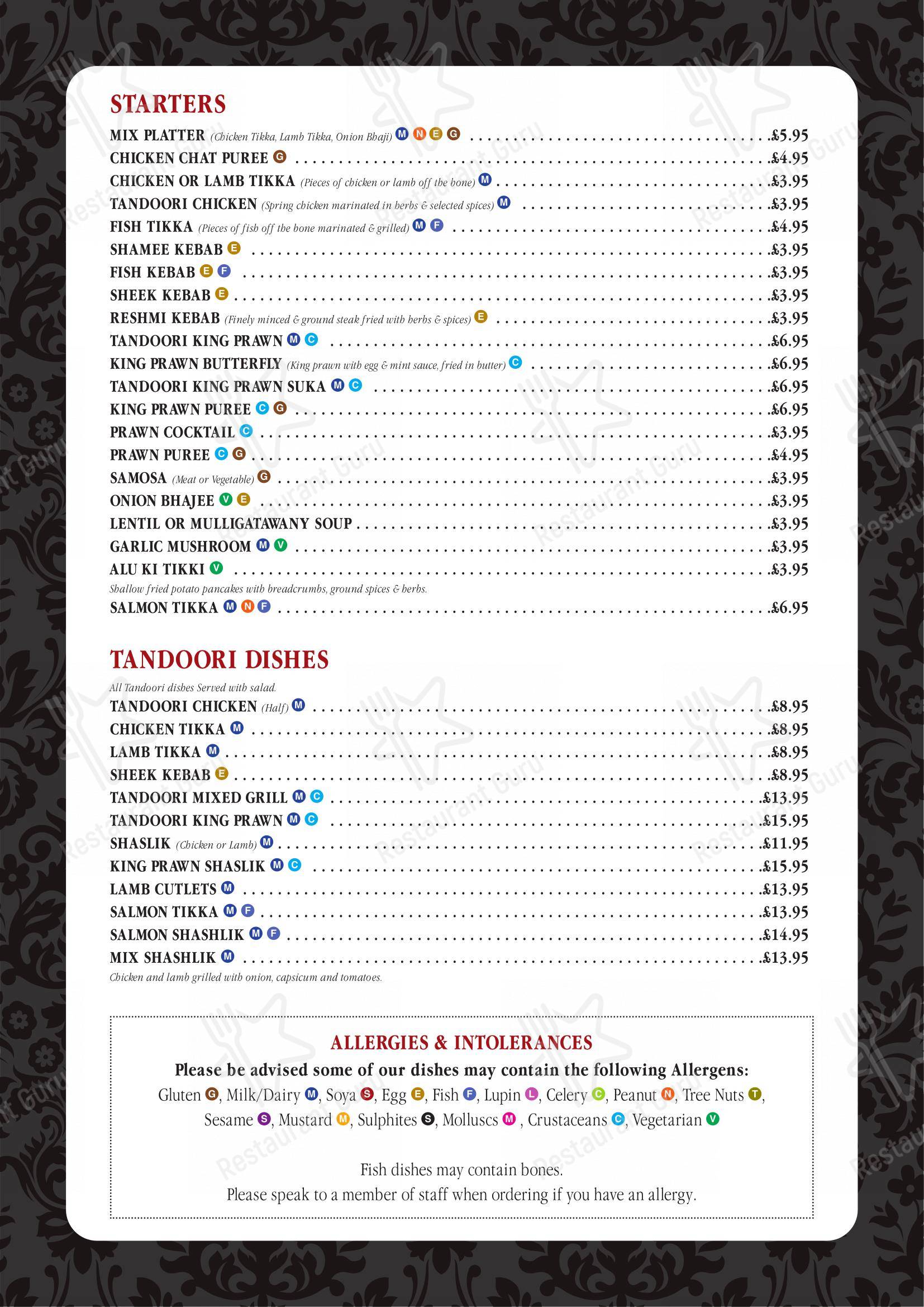 Menu at The Pilgrims Korai restaurant, Brentwood