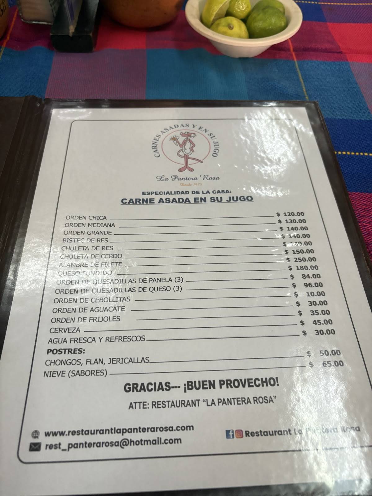 Carta del restaurante La Pantera Rosa, Zamora