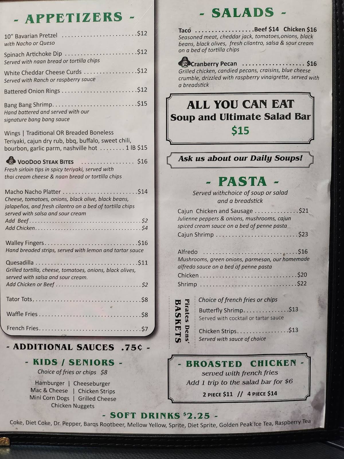Menu at The Pirate's Den pub & bar, Verndale