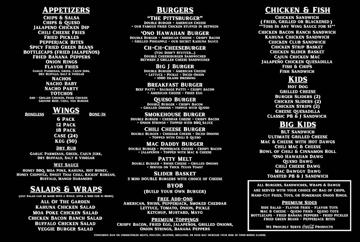Menu at The Pitt pub & bar, Pittsburg