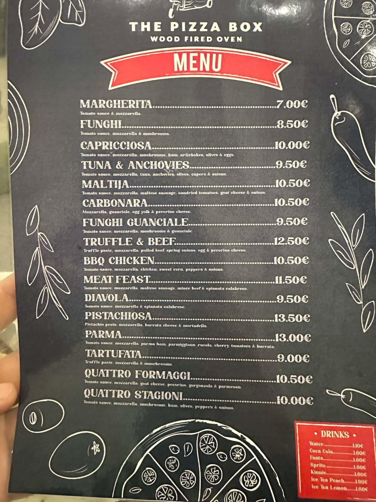 Menu au The Pizza Box pizzeria, Ħal Kirkop