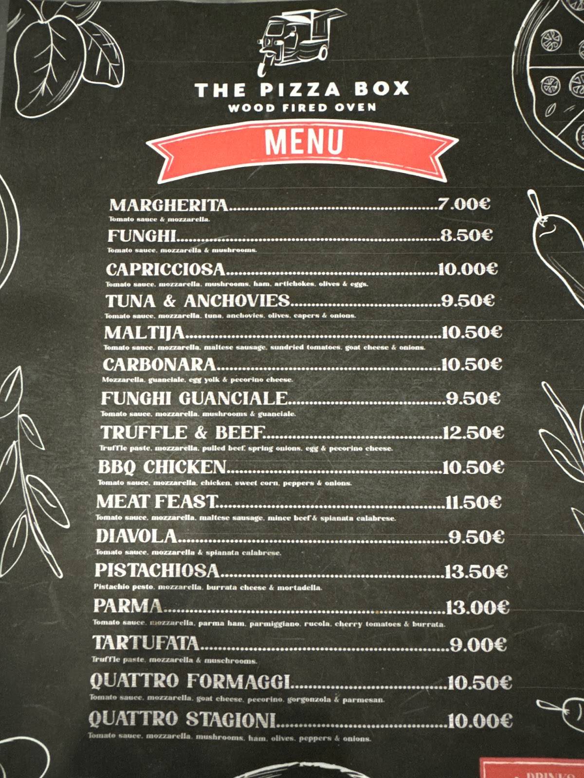 Menu at The Pizza Box pizzeria, Hal Kirkop