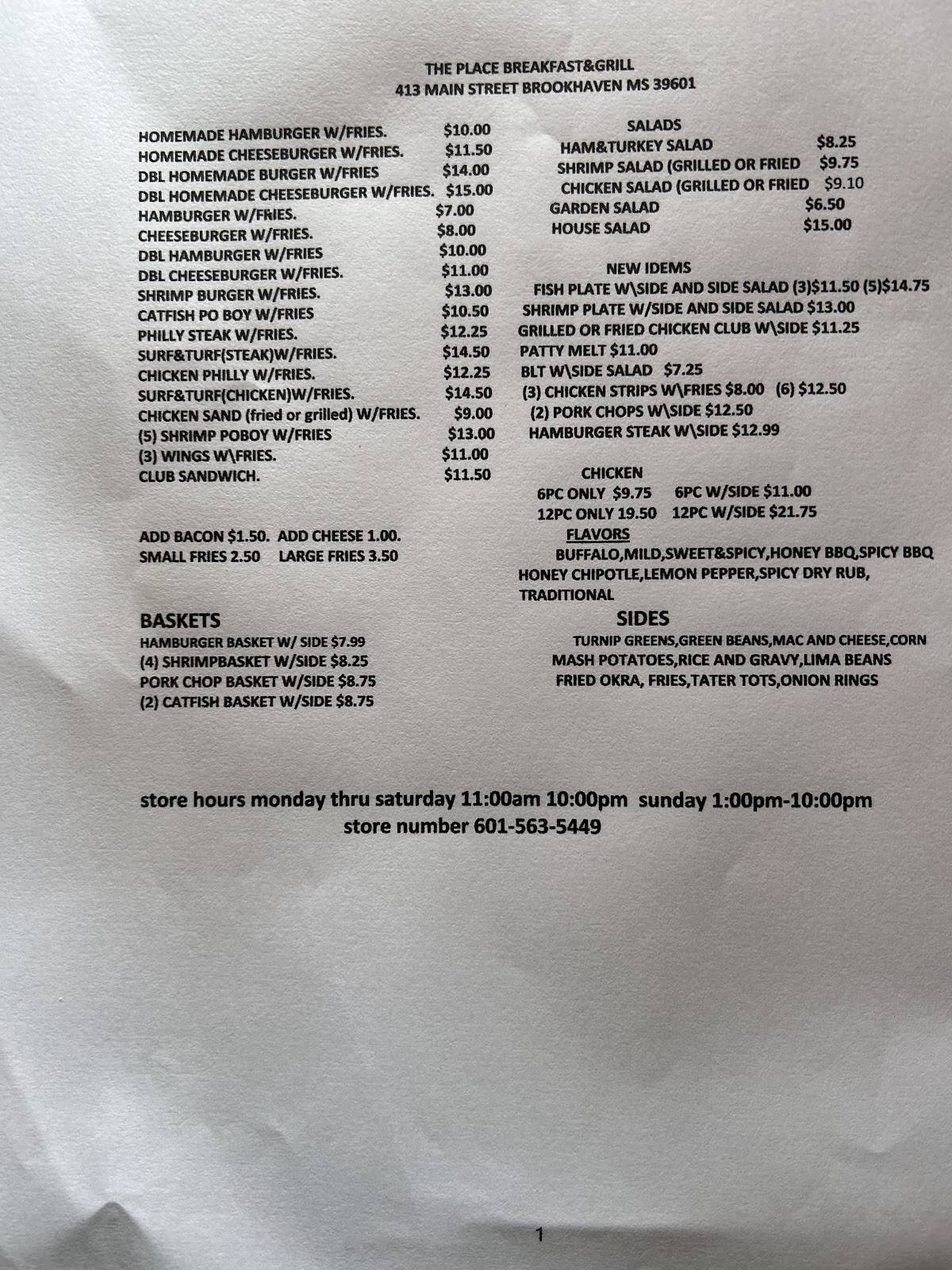 Menu at The Place Breakfast&Grill restaurant, Brookhaven