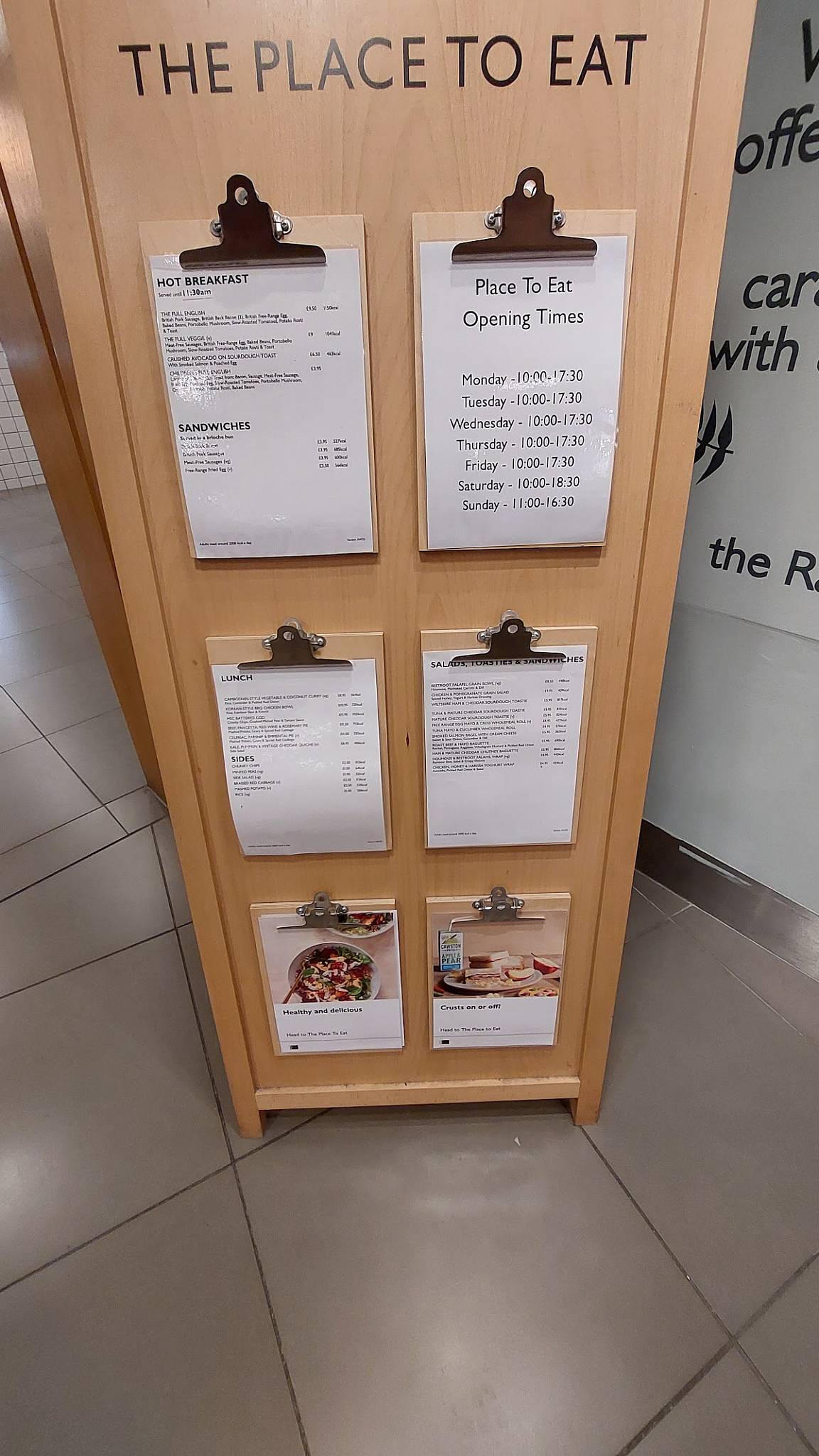 Menu at The Place to Eat at John Lewis cafe, Reading, 108-113 Broad St