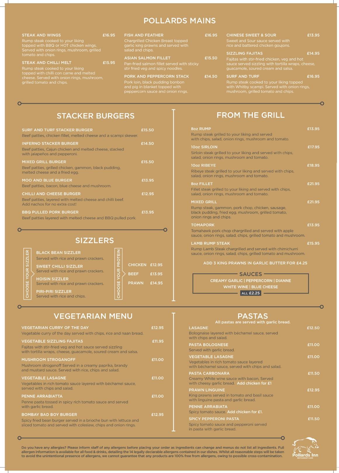 Menu at The Pollards Inn pub & bar, Bishop Auckland