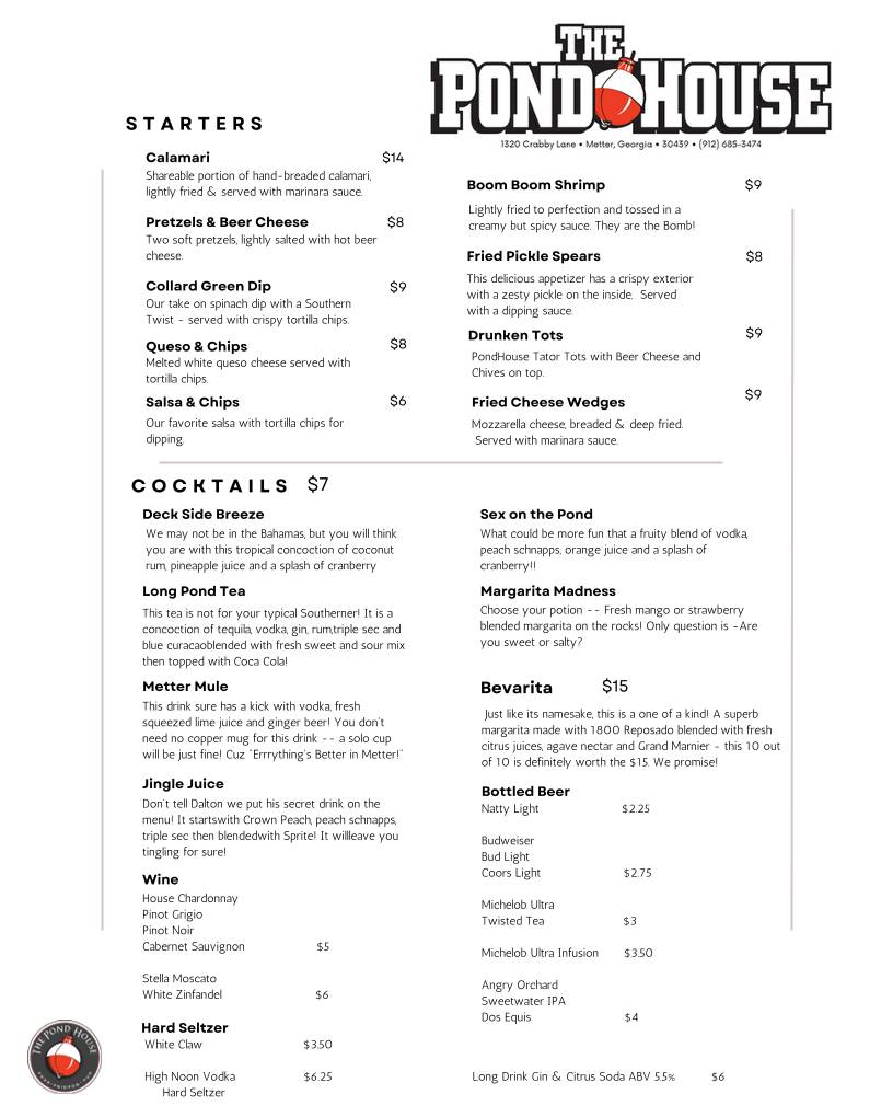 Menu at The Pondhouse pub & bar, Metter