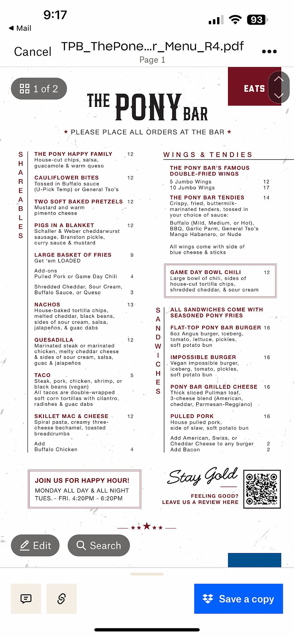 Menu at The Pony Bar, New York City, 1st Ave.