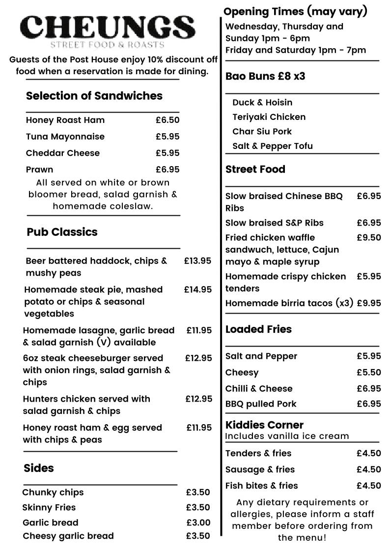 Menu at The Post House, Llandudno pub & bar, Llandudno