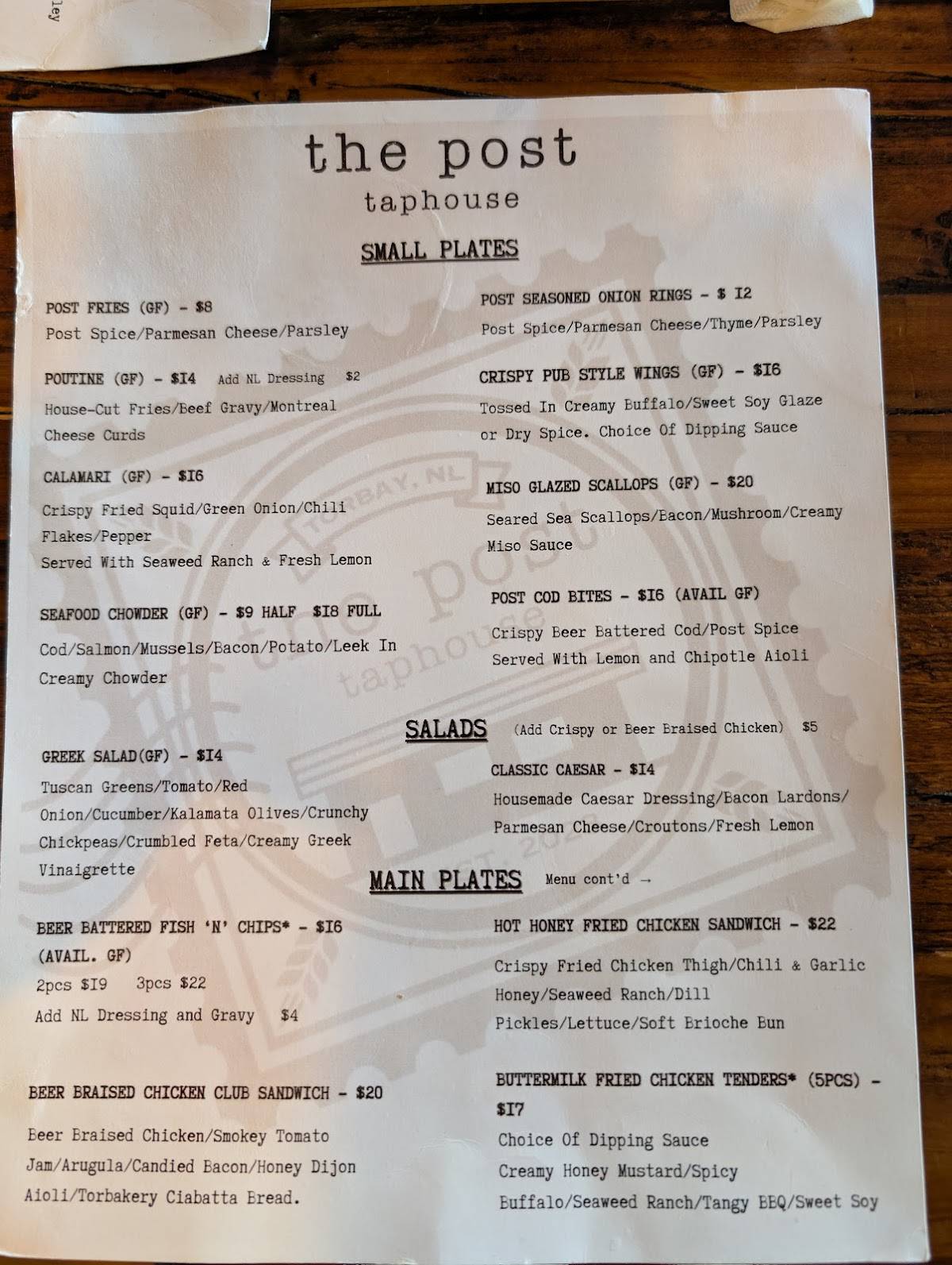 Menu at The Post Taphouse pub & bar, Torbay