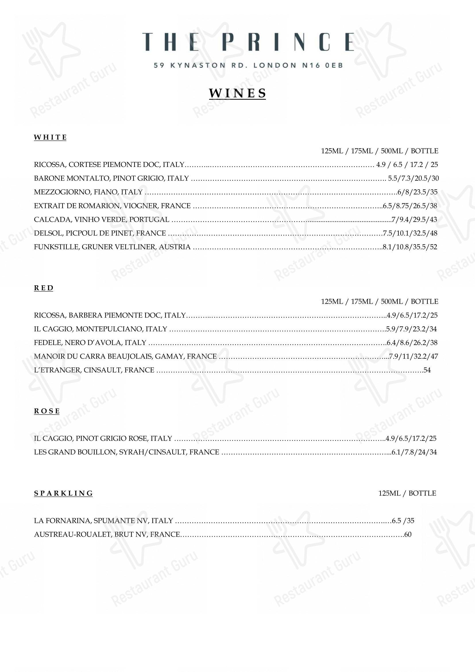 Menu at The Prince pub & bar, London, The Princec