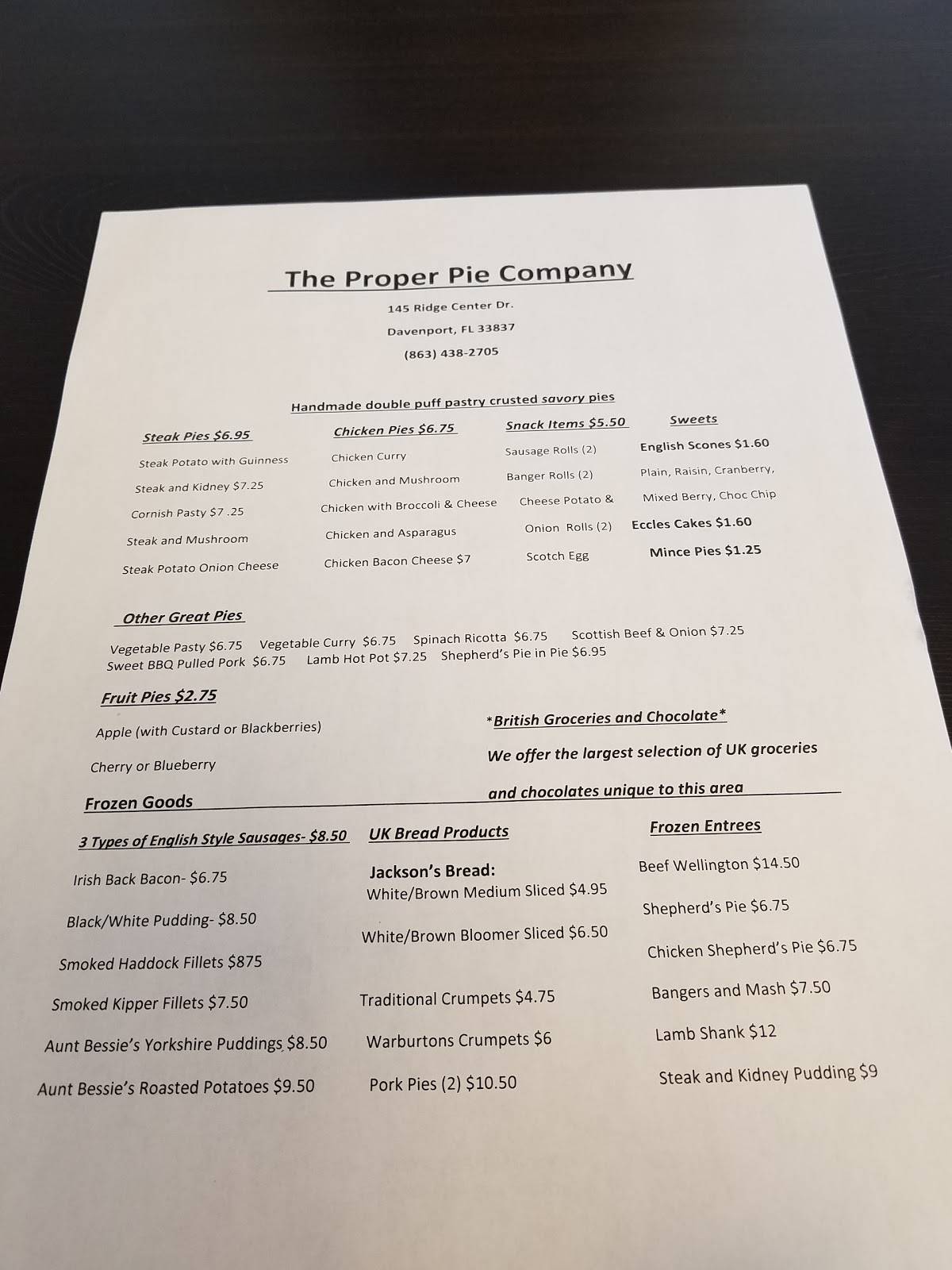 Menu at The Proper Pie Company restaurant, Haines City, 511 Hwy 17 92 W