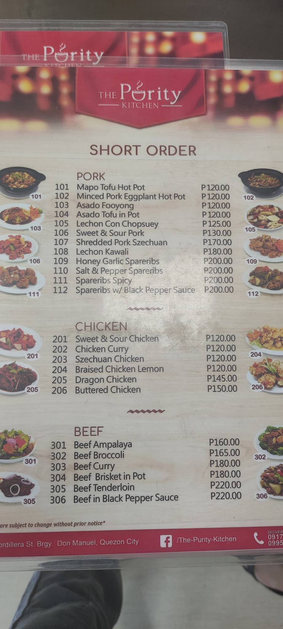 Menu at The Purity Kitchen restaurant, Quezon City