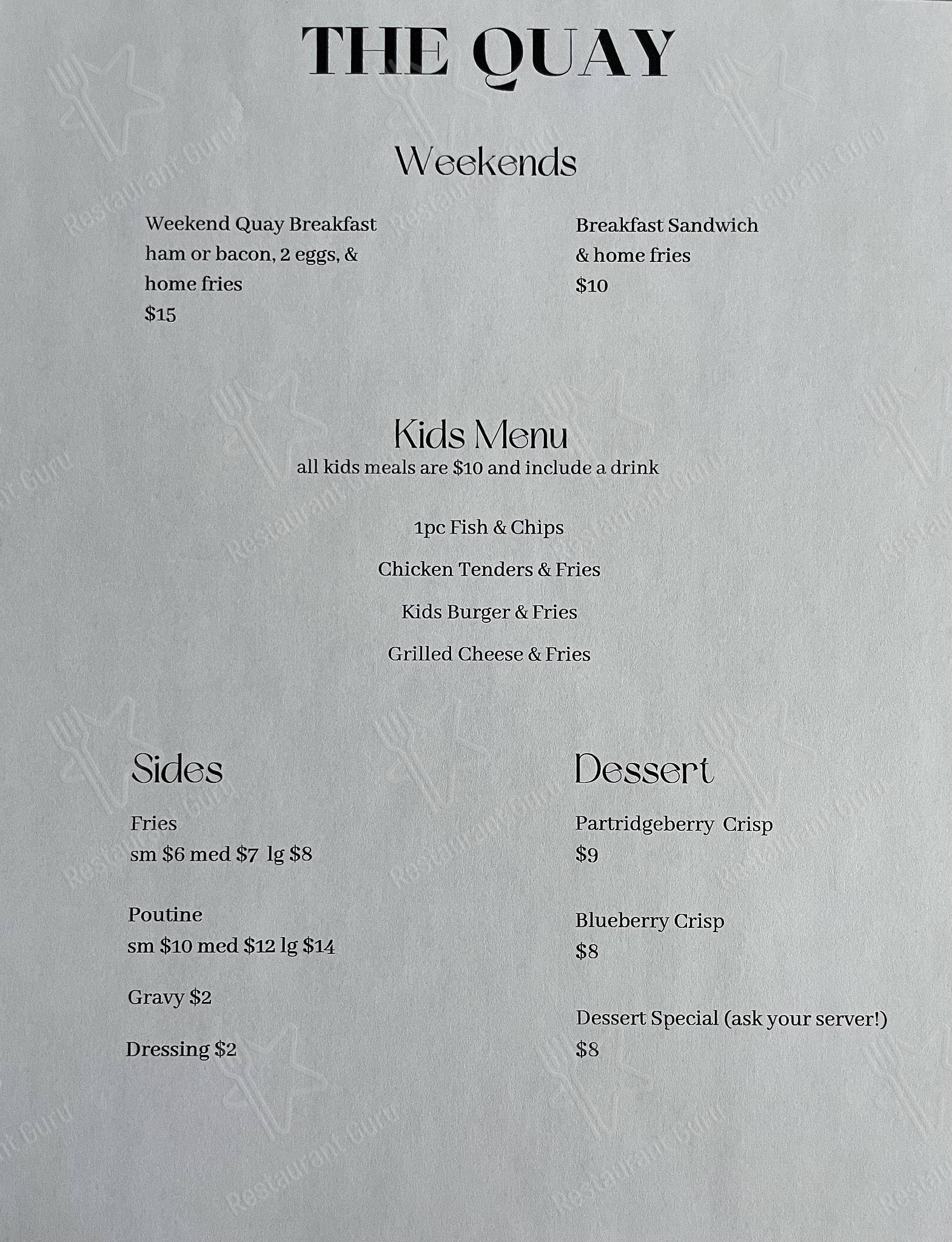 Menu at The Country Corner restaurant, Brigus