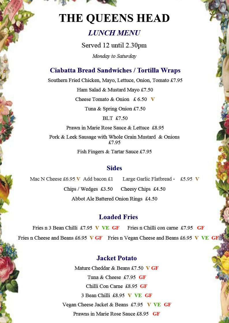 Menu at The Queen's Head pub & bar, St Albans, 7 Church End