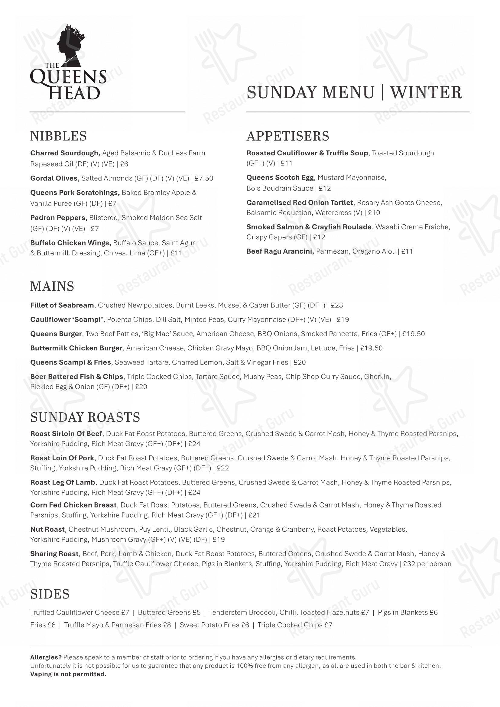 Menu at The Queen's Head pub & bar, Ongar