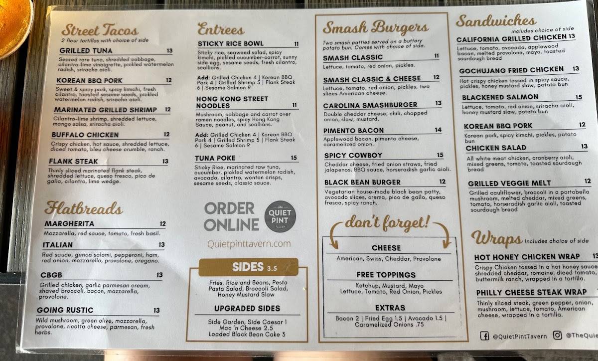 Menu at The Quiet Pint Tavern pub & bar, Winston-Salem