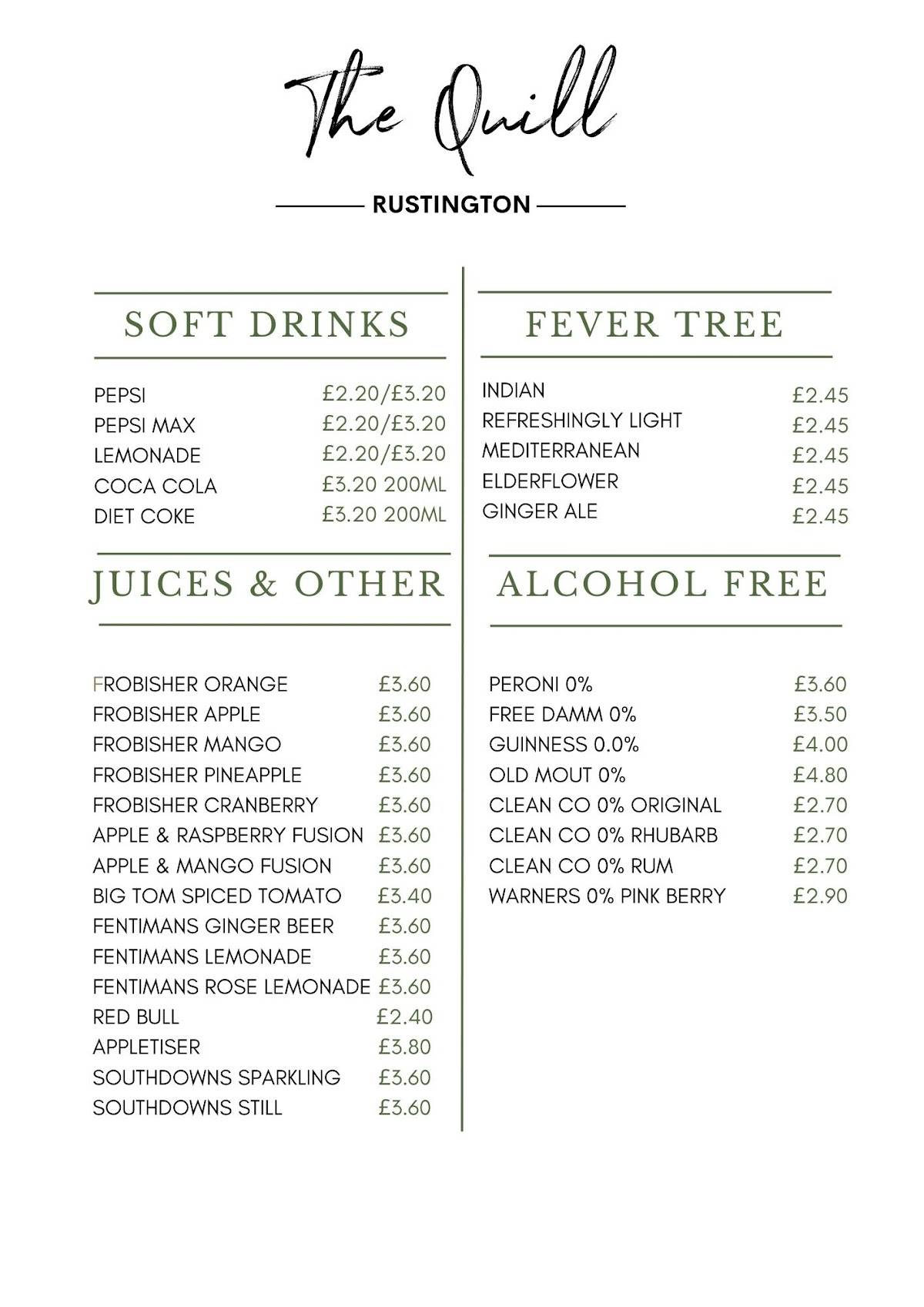 Menu at The Quill Rustington pub & bar, Littlehampton
