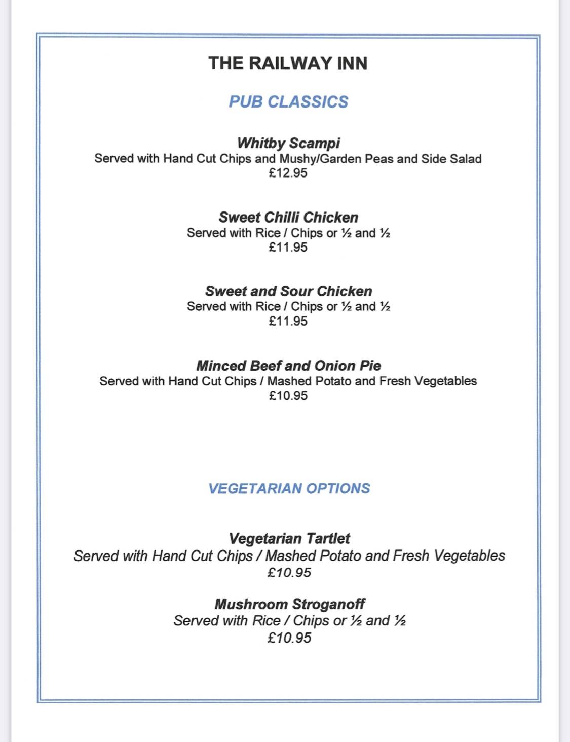 Menu at The Railway Inn pub & bar, Lincoln, Station Rd
