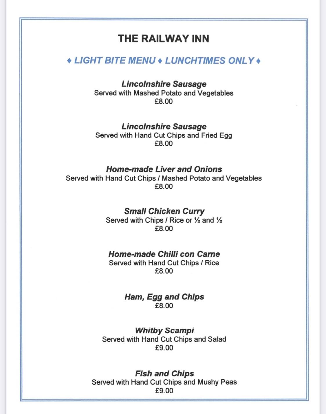 Menu at The Railway Inn pub & bar, Lincoln, Station Rd