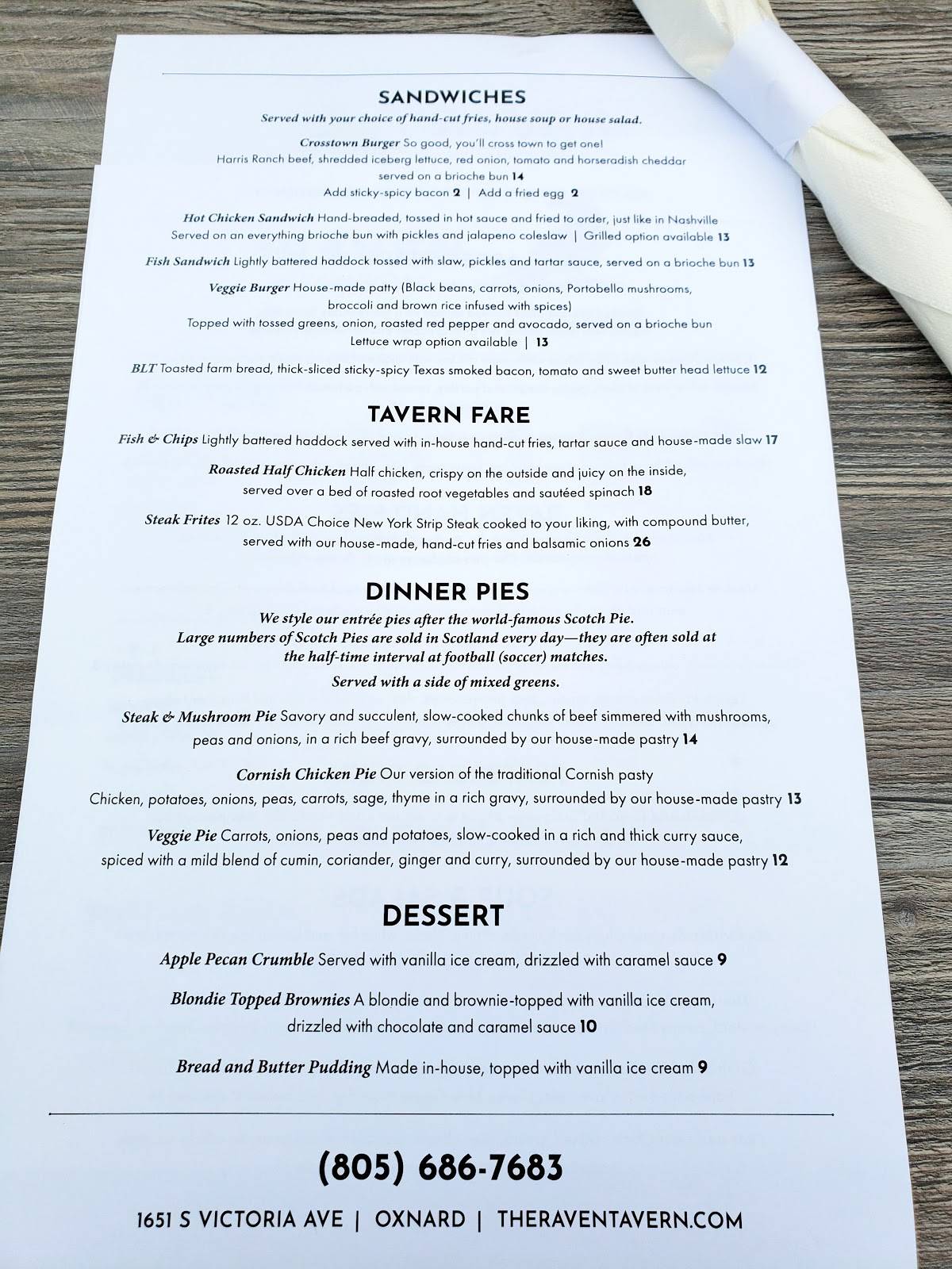 Menu at The Raven Tavern pub & bar, Oxnard