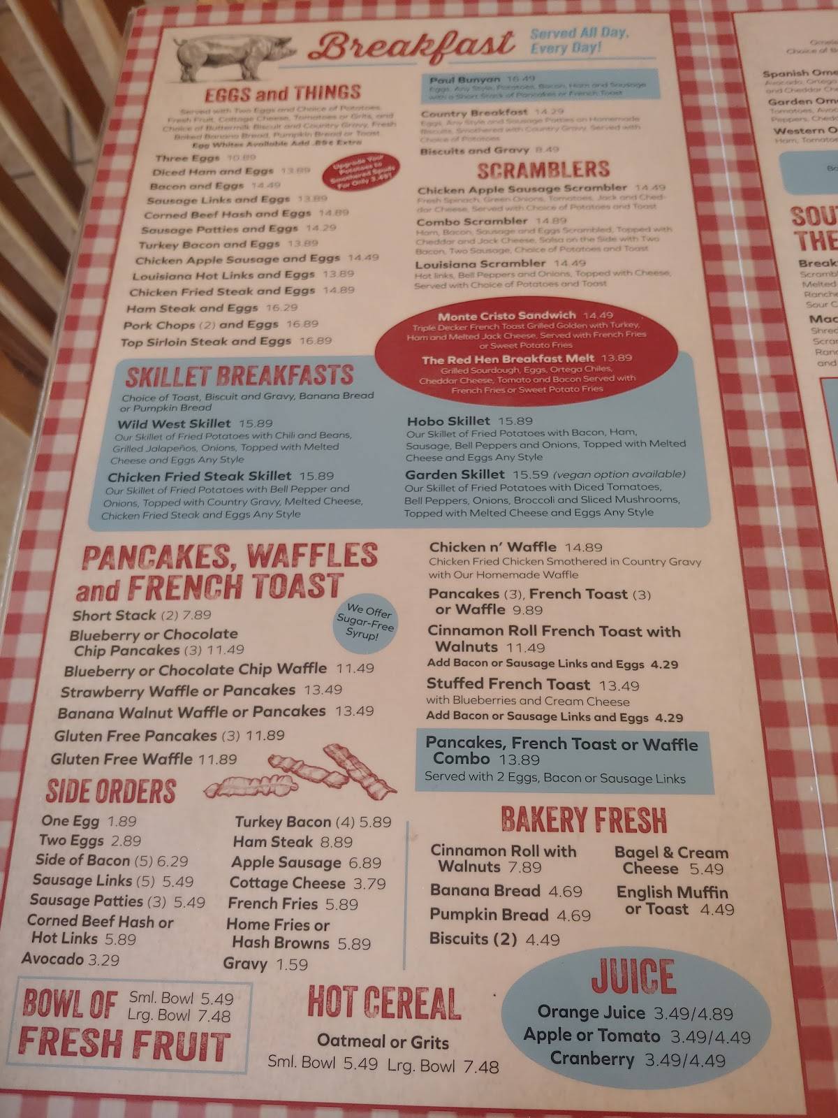 Menu at The Red Hen Cafe, Helendale