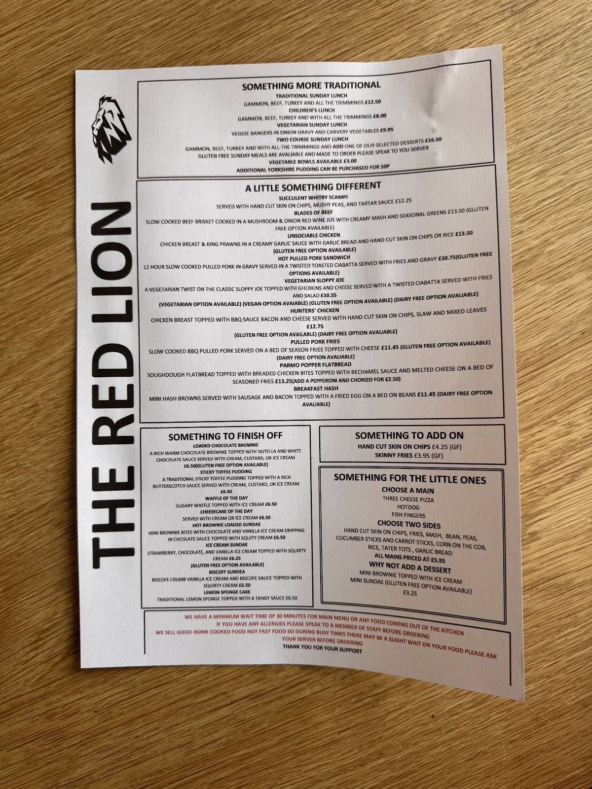 Menu at The Red Lion pub & bar, Whitley Bay