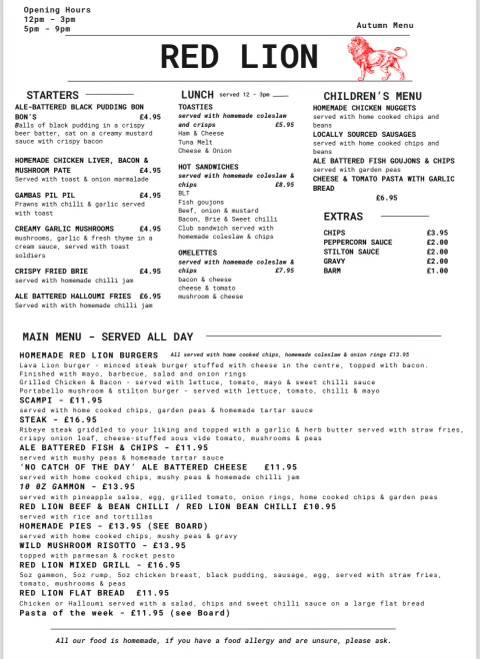 Menu at The Red Lion at Wheelton pub & bar, Chorley