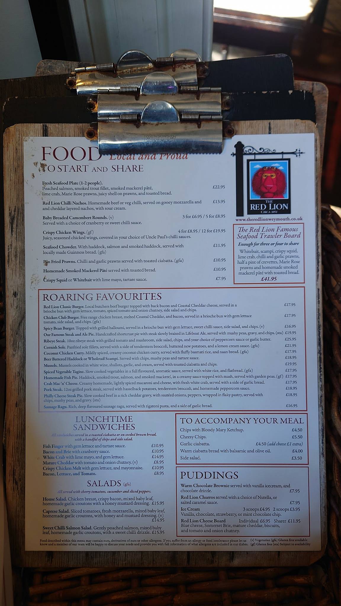 Menu at The Red Lion pub & bar, Weymouth