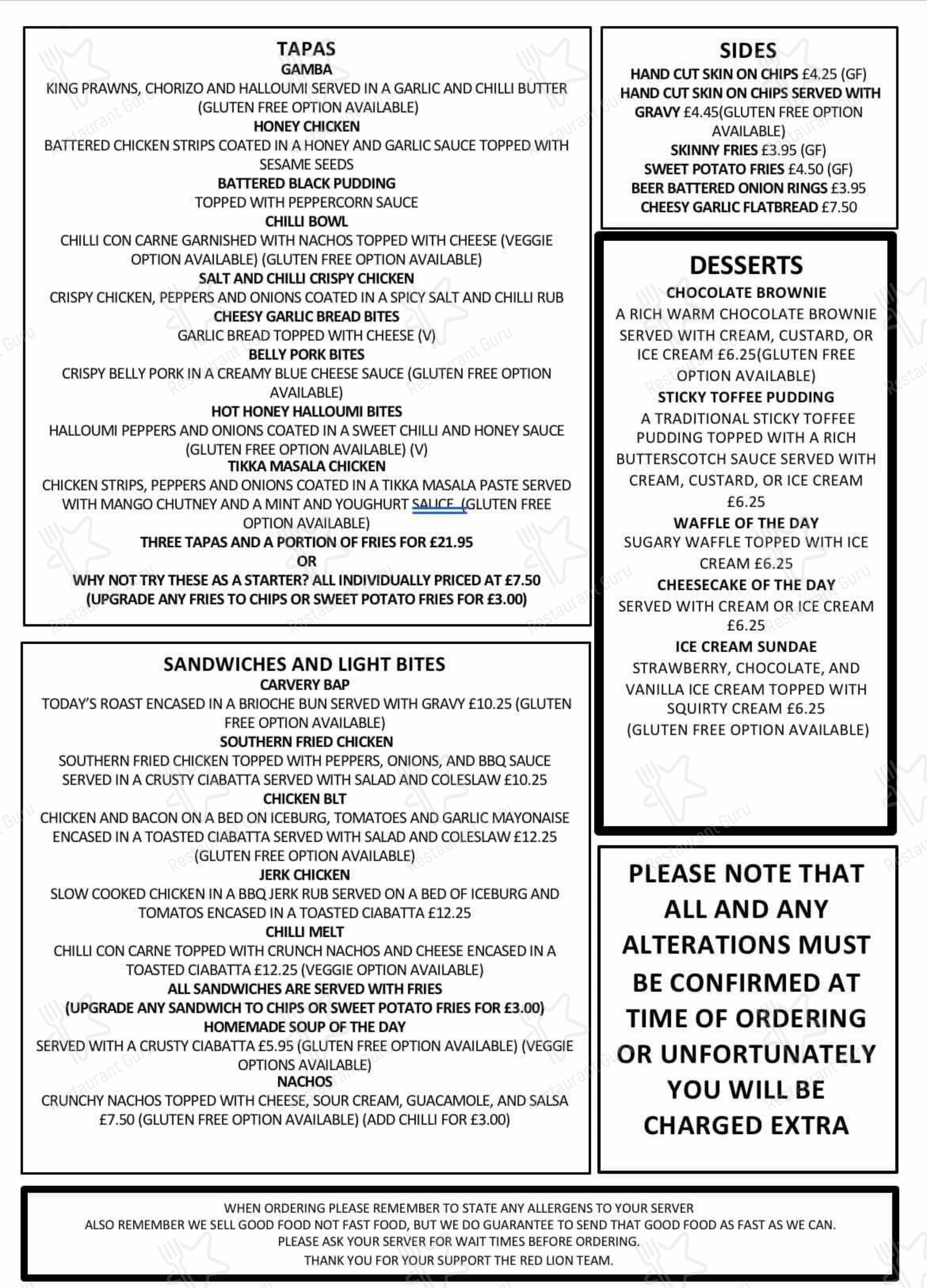 Menu at The Red Lion pub & bar, Whitley Bay