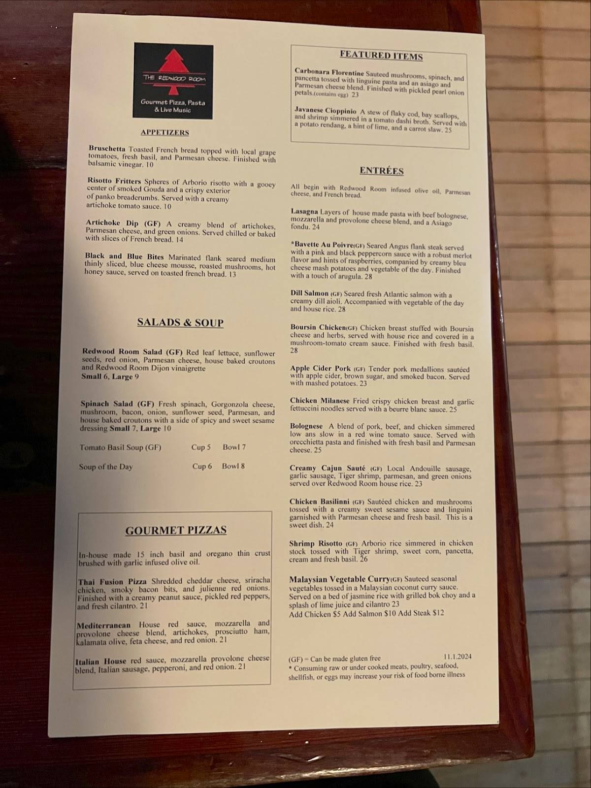 Menu at The Redwood Room restaurant, Rochester