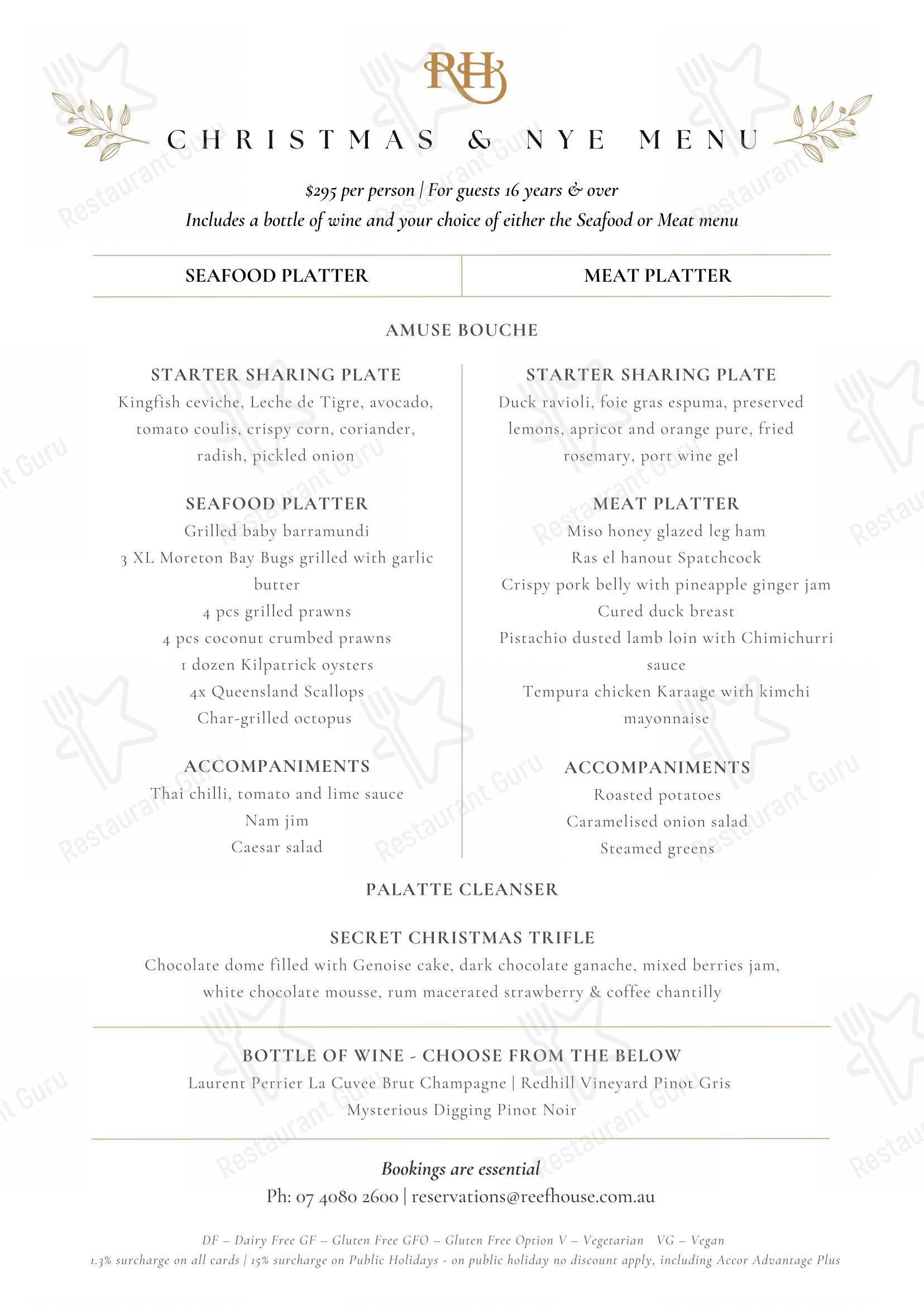 Menu at The Reef House Adults Retreat restaurant, Palm Cove