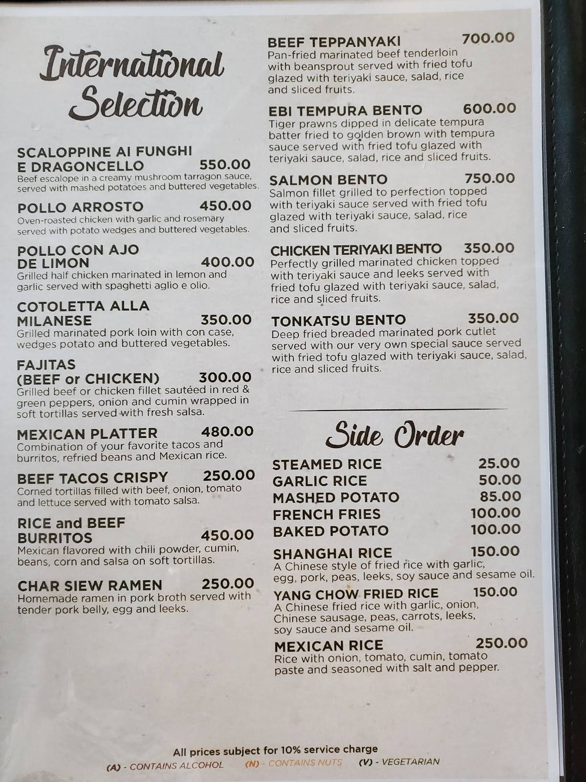Menu at The Reef restaurant, Subic Bay Freeport Zone
