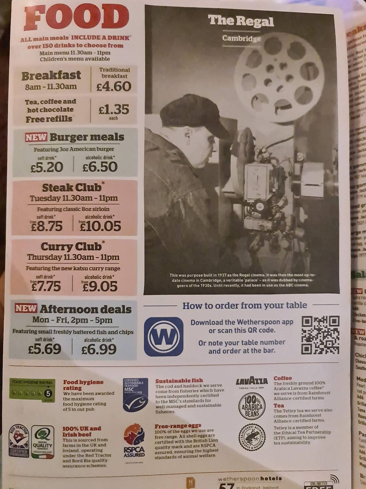 Menu at The Regal pub & bar, Cambridge