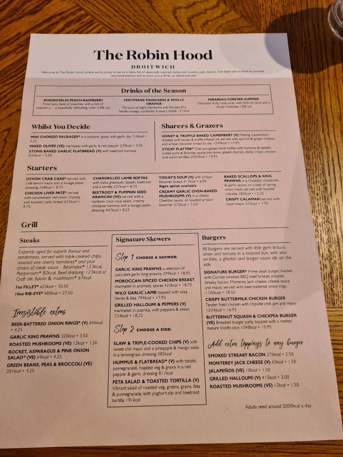 Menu at The Robin Hood pub & bar, Droitwich Spa
