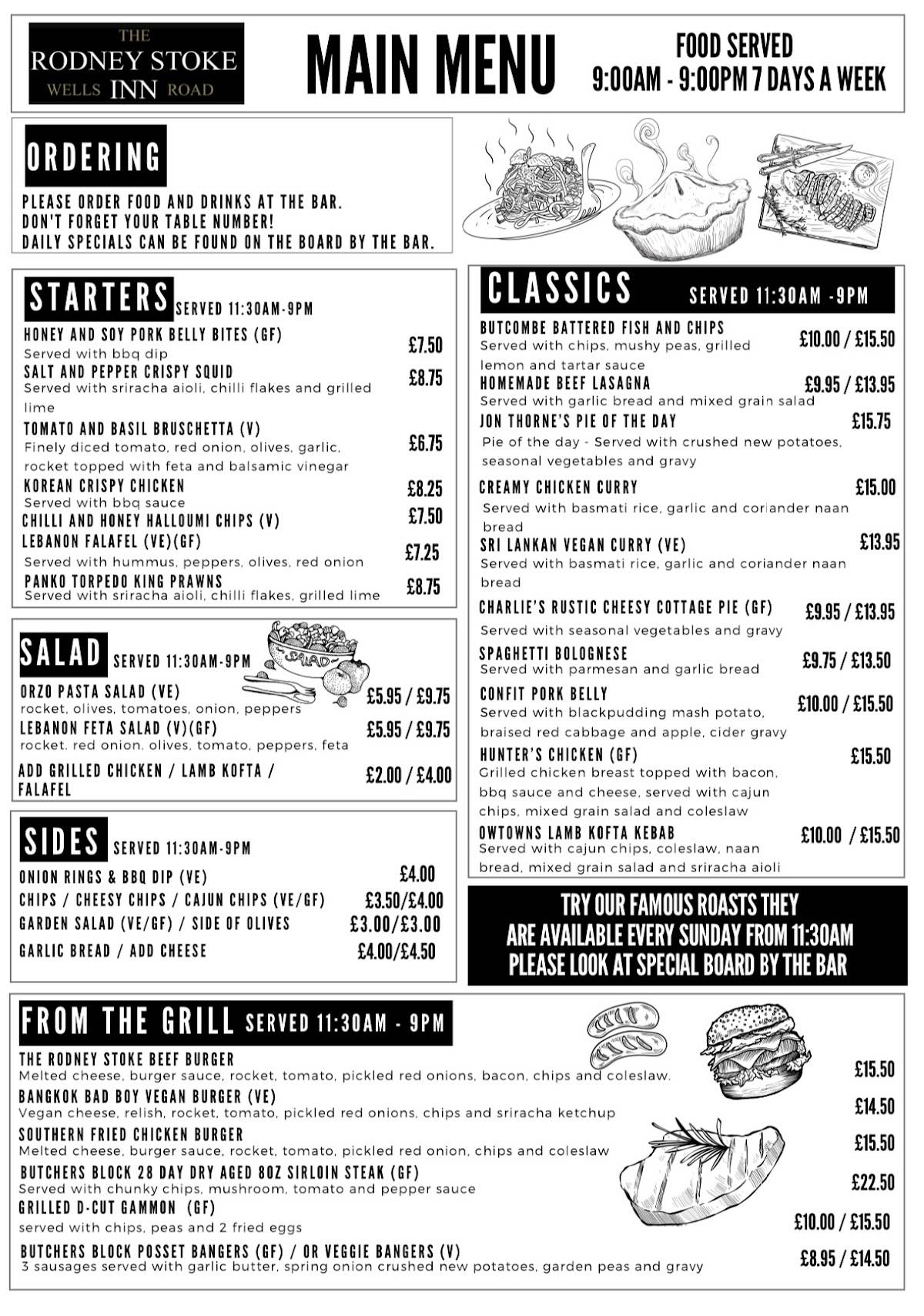 Menu at The Rodney Stoke Inn pub & bar, Rodney Stoke