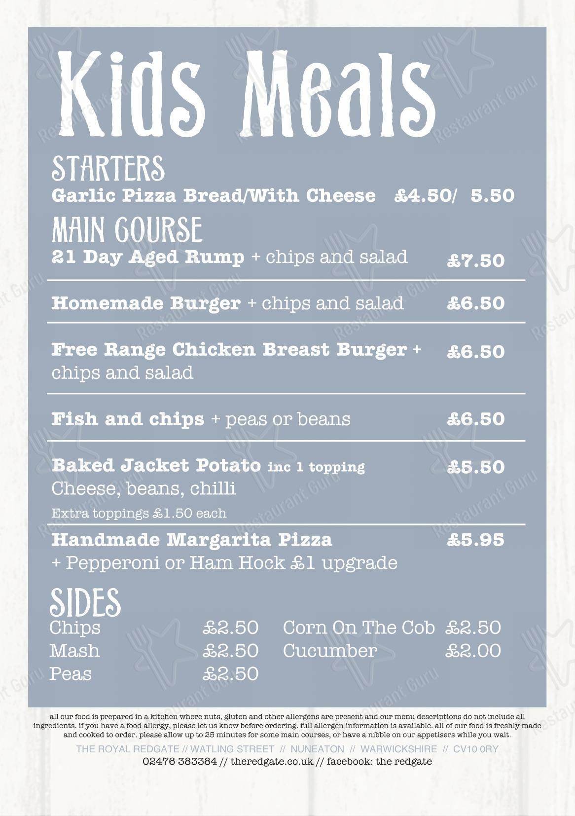 Menu at The Royal Redgate pub & bar, Nuneaton, Watling St