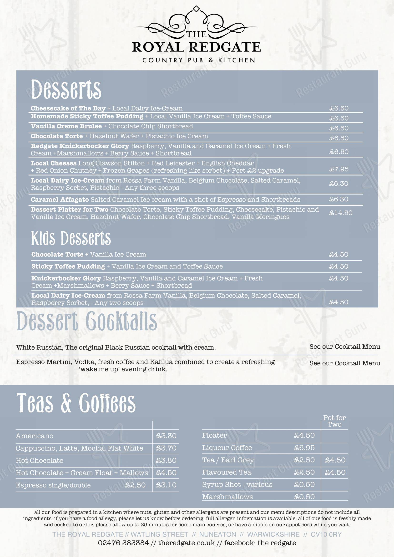 Menu at The Royal Redgate pub & bar, Nuneaton, Watling St