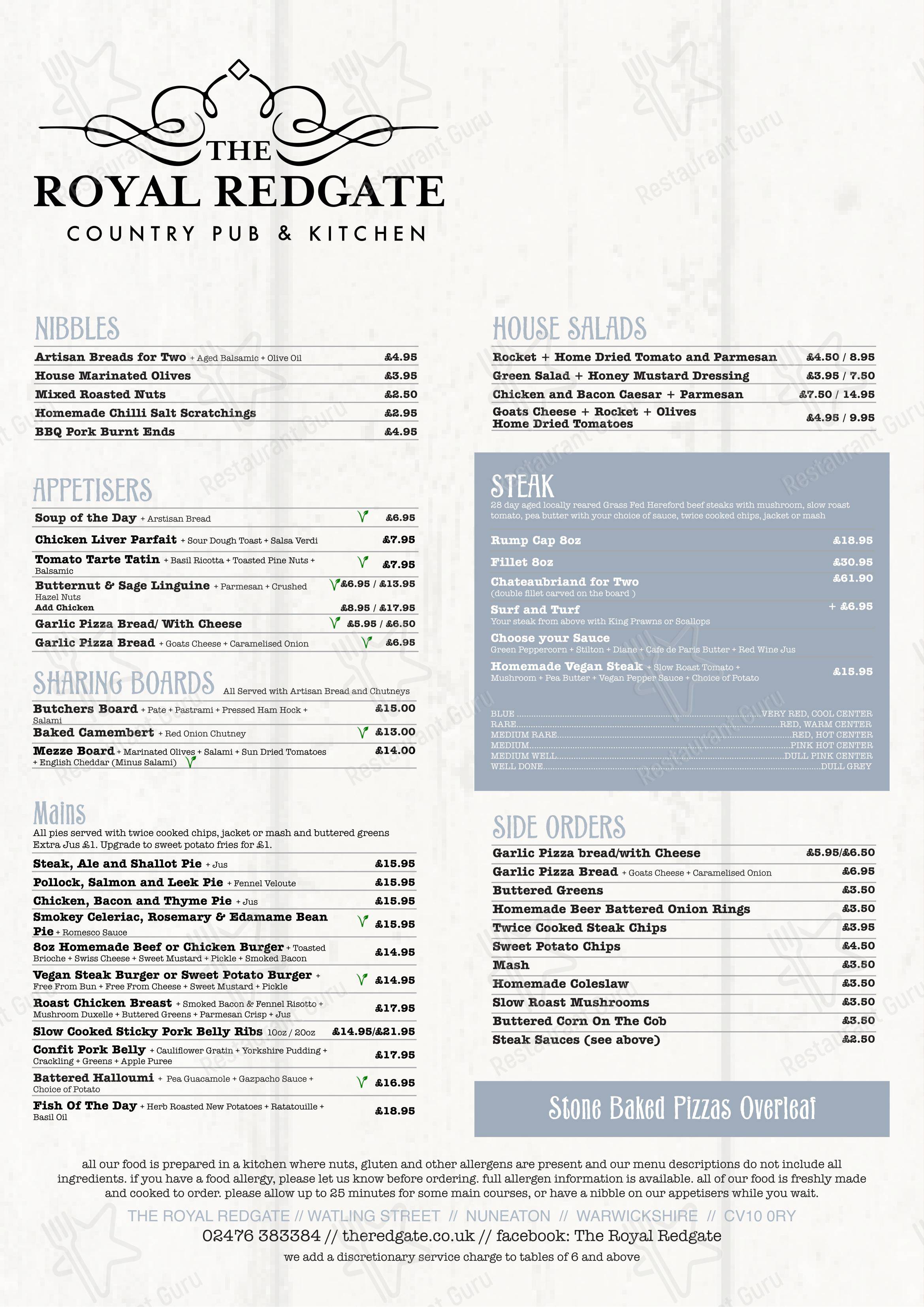 Menu at The Royal Redgate pub & bar, Nuneaton, Watling St