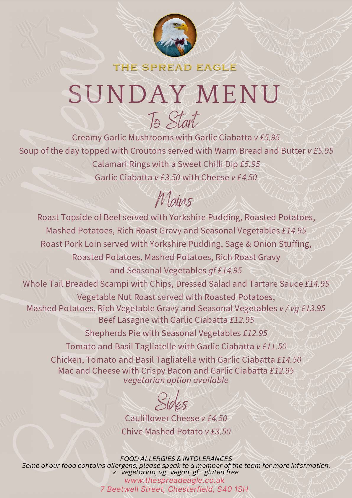 Menu at The SPREAD at Darrington pub & bar, Pontefract