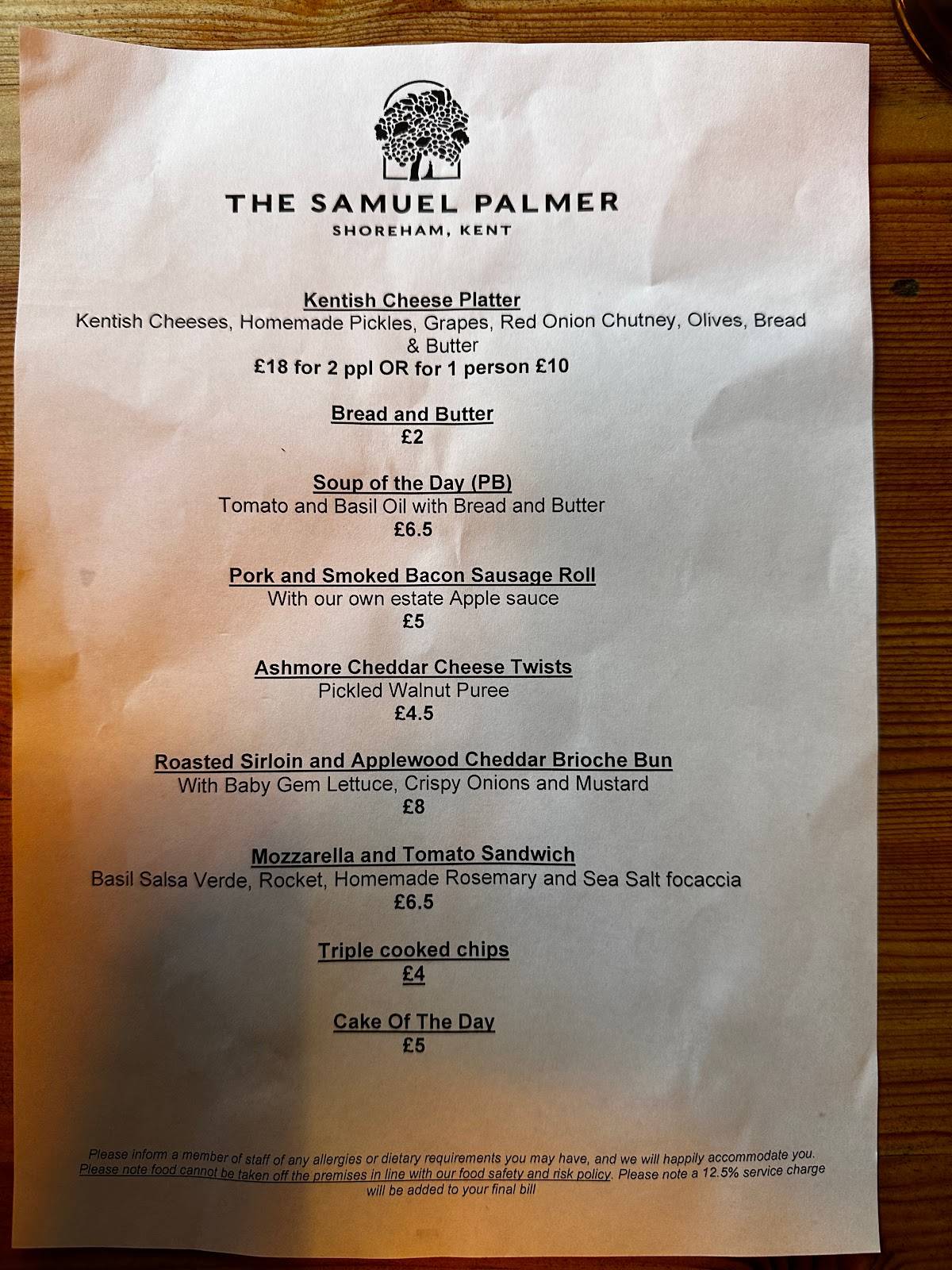 Menu at The Samuel Palmer restaurant, Sevenoaks