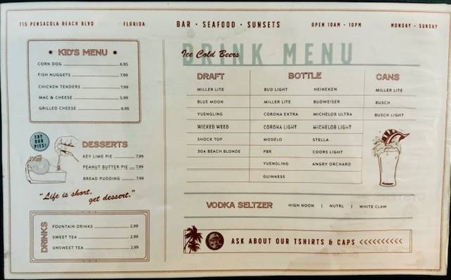 Menu at The Sandbar Sunset Bar & Grill, Gulf Breeze
