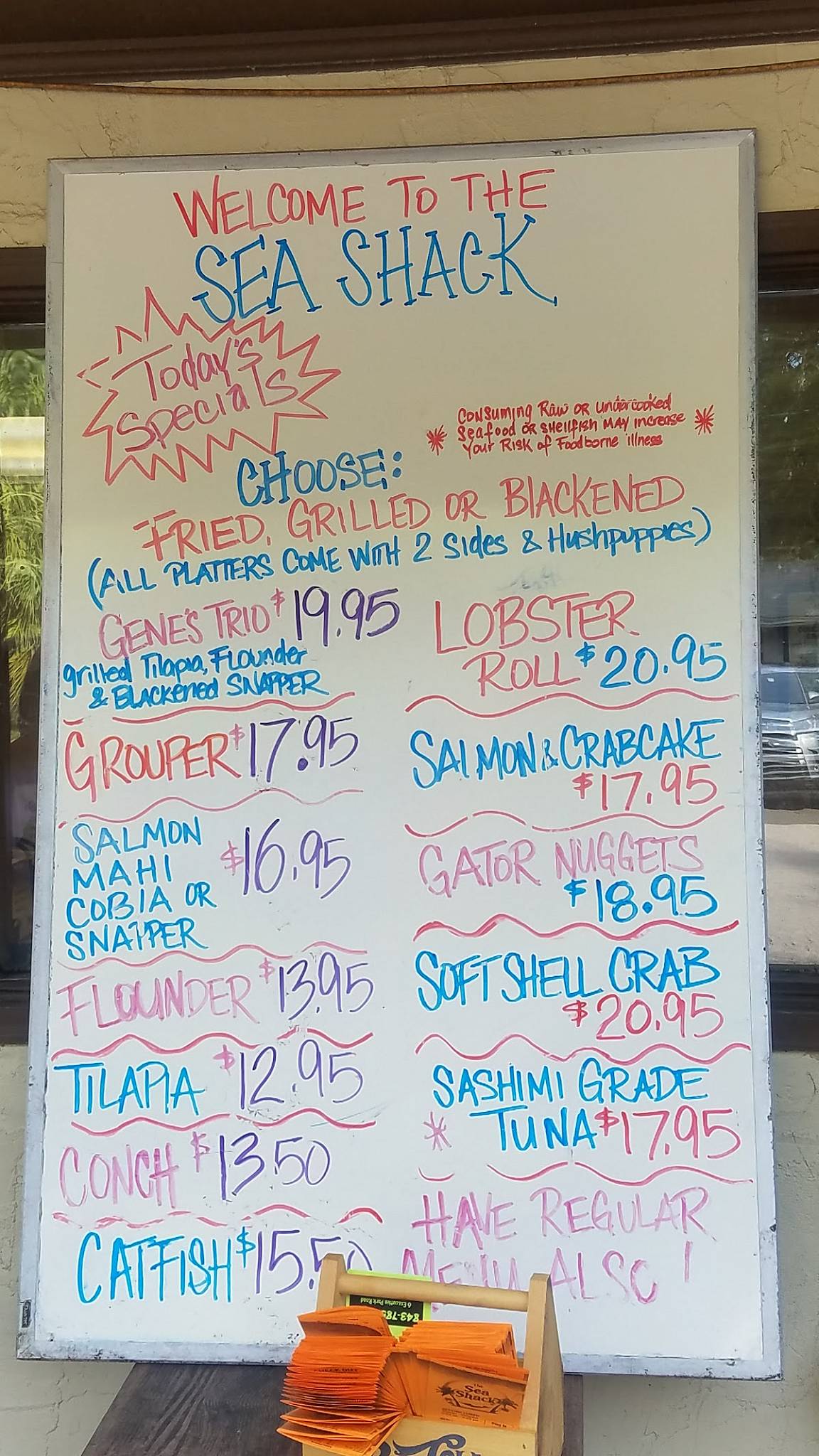 Menu at The Sea Shack restaurant, Hilton Head Island