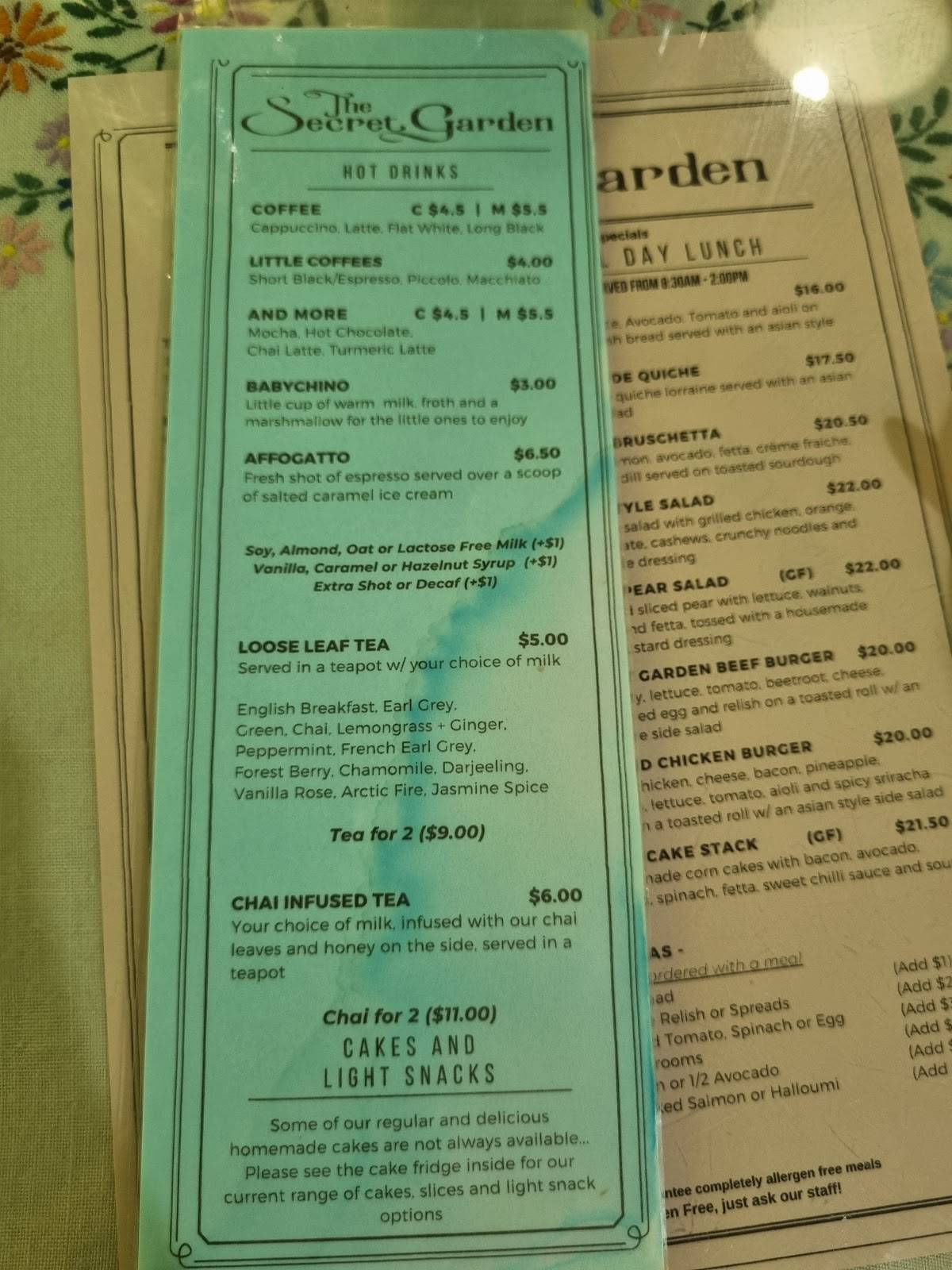 Menu at The Secret Garden Cafe, Boambee