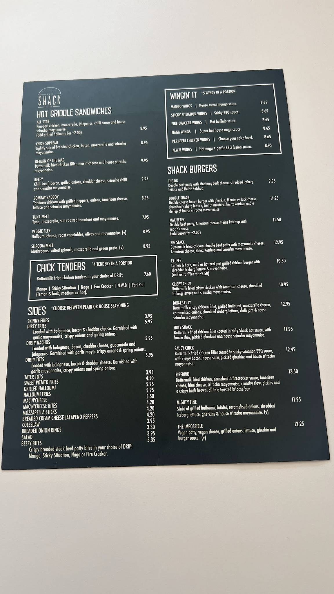Menu at The Shack restaurant, Biggleswade