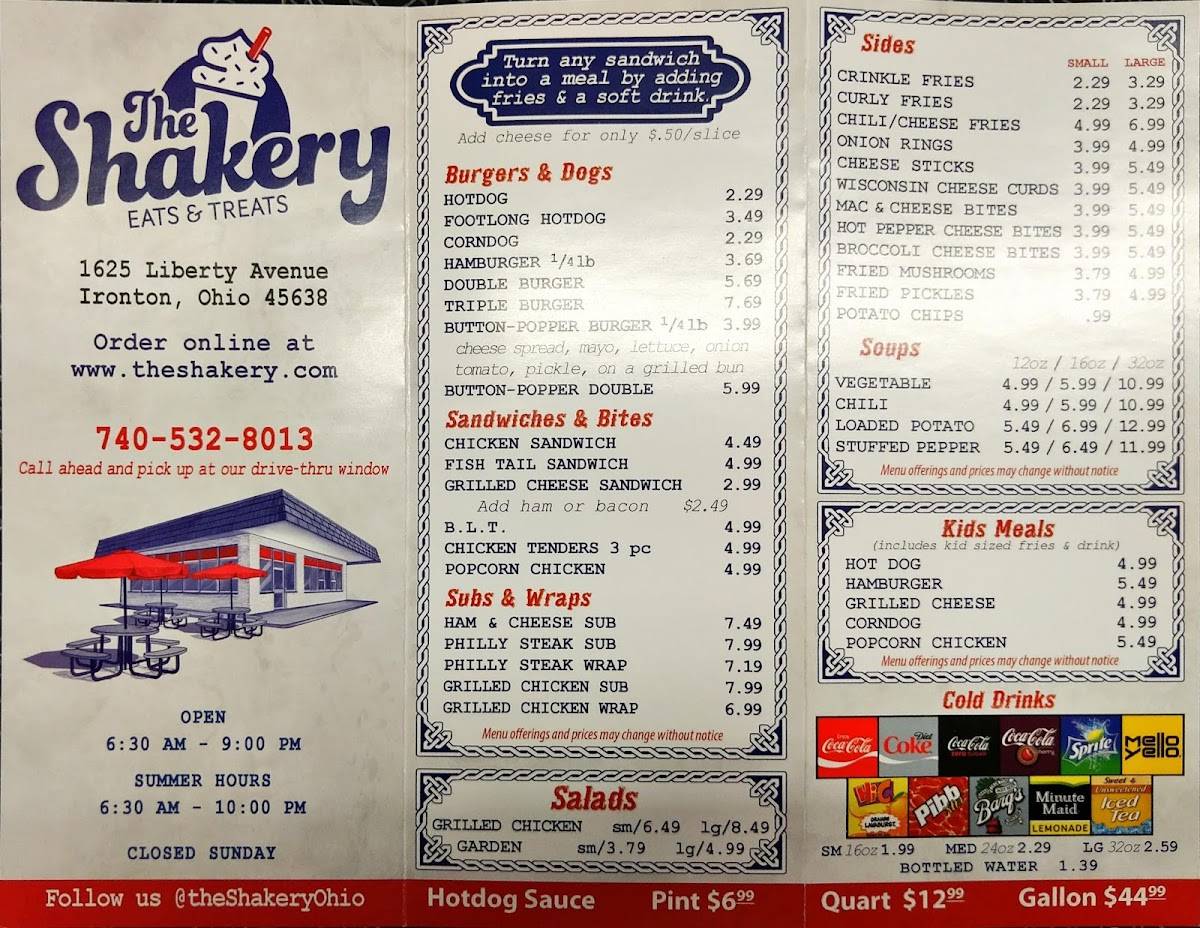 Menu at The Shakery: Eats & Treats restaurant, Ironton, Liberty Ave