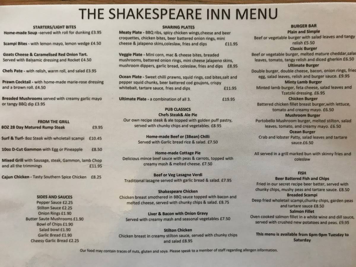 Menu at The Shakespeare Inn restaurant, Derby, 117 London Rd