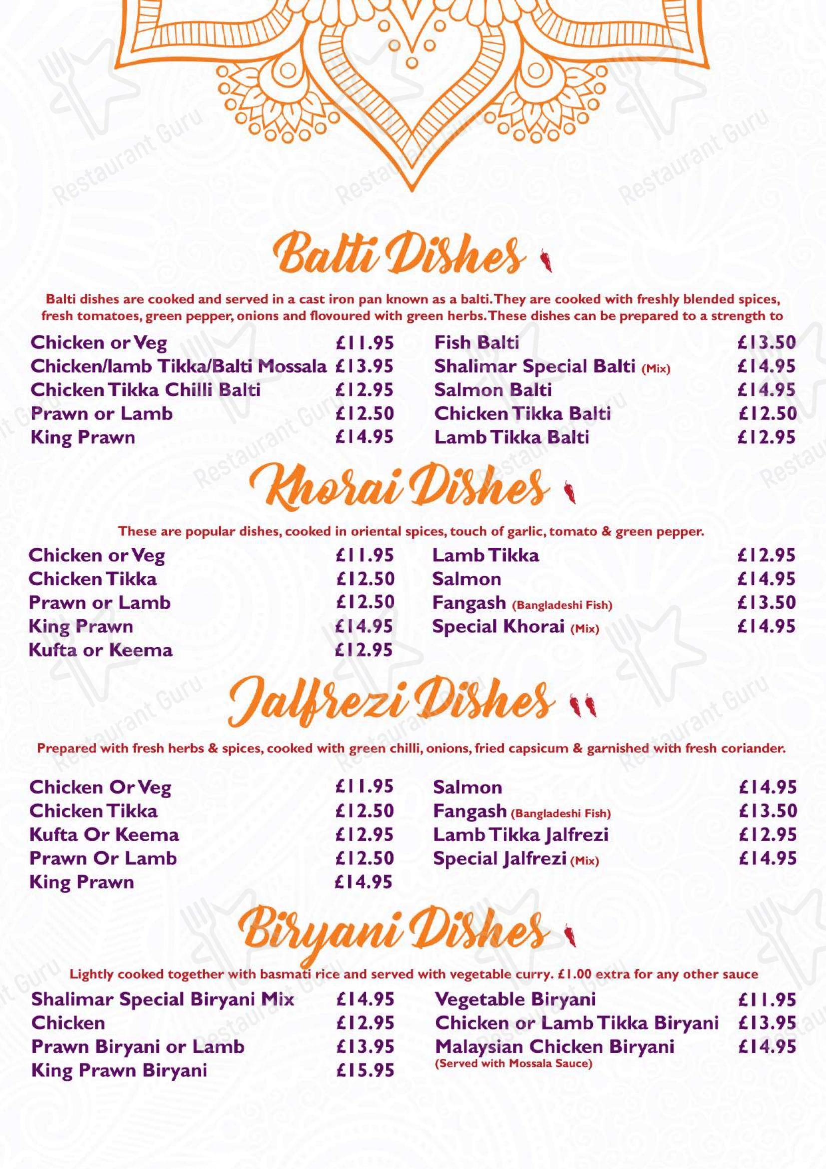 Menu at The Shalimar Restaurant, Macclesfield