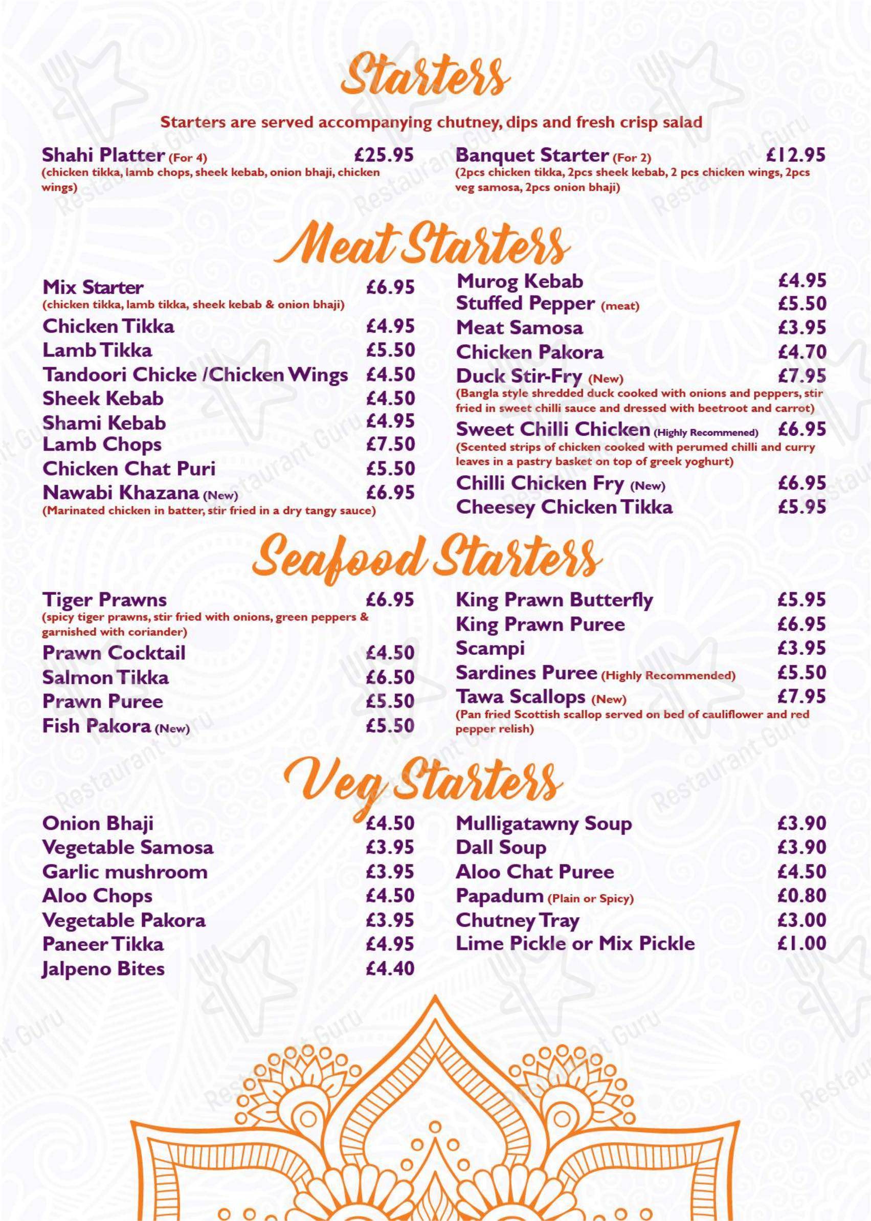 Menu at The Shalimar Restaurant, Macclesfield